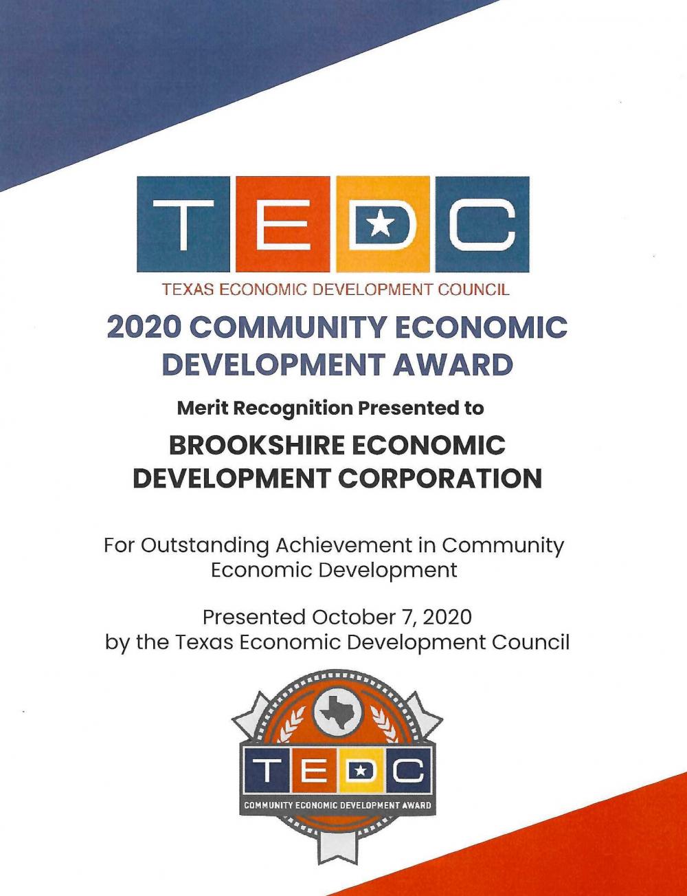 2020 Community Economic Development Award | City of Brookshire, Texas