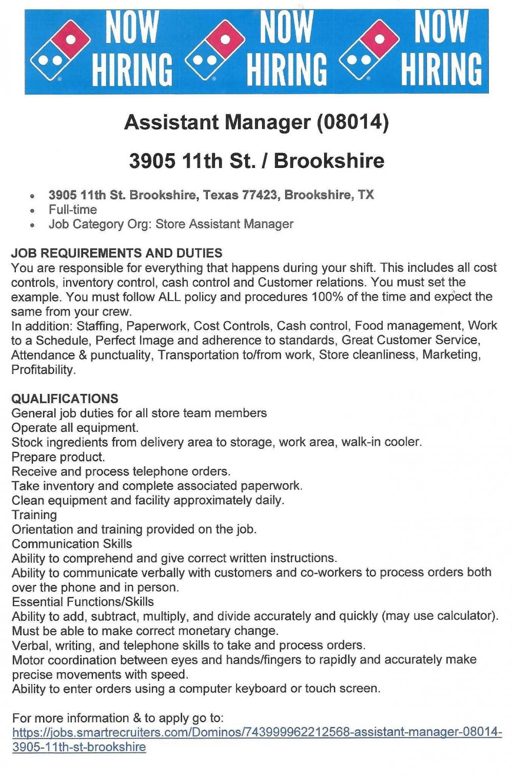 Dominos Now Hiring / Assistant Manager | City of Brookshire, Texas