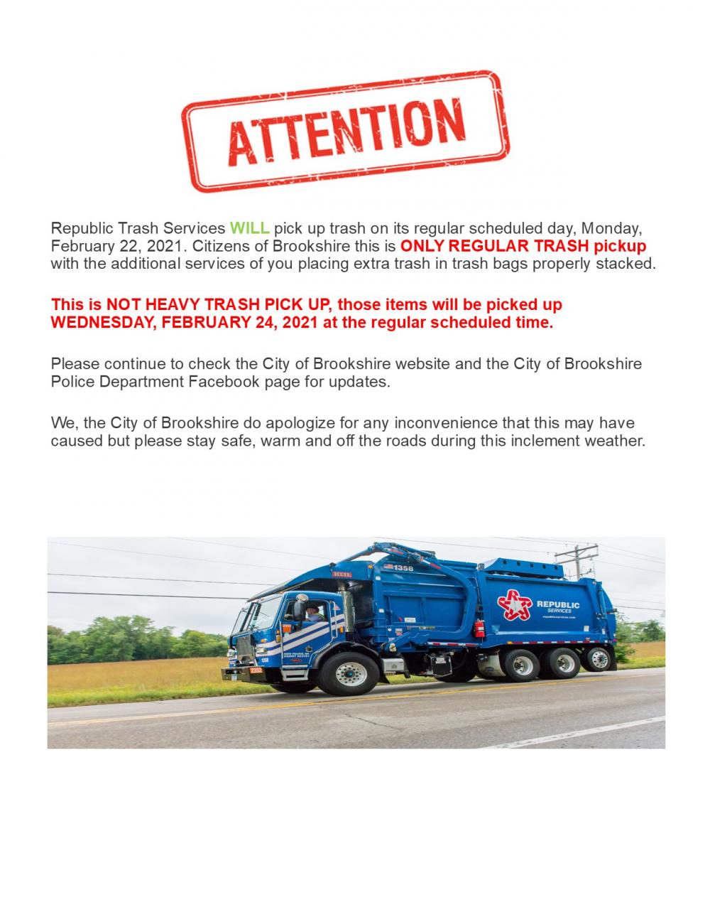 Notice for Trash pick up 02.22.2021 | City of Brookshire, Texas